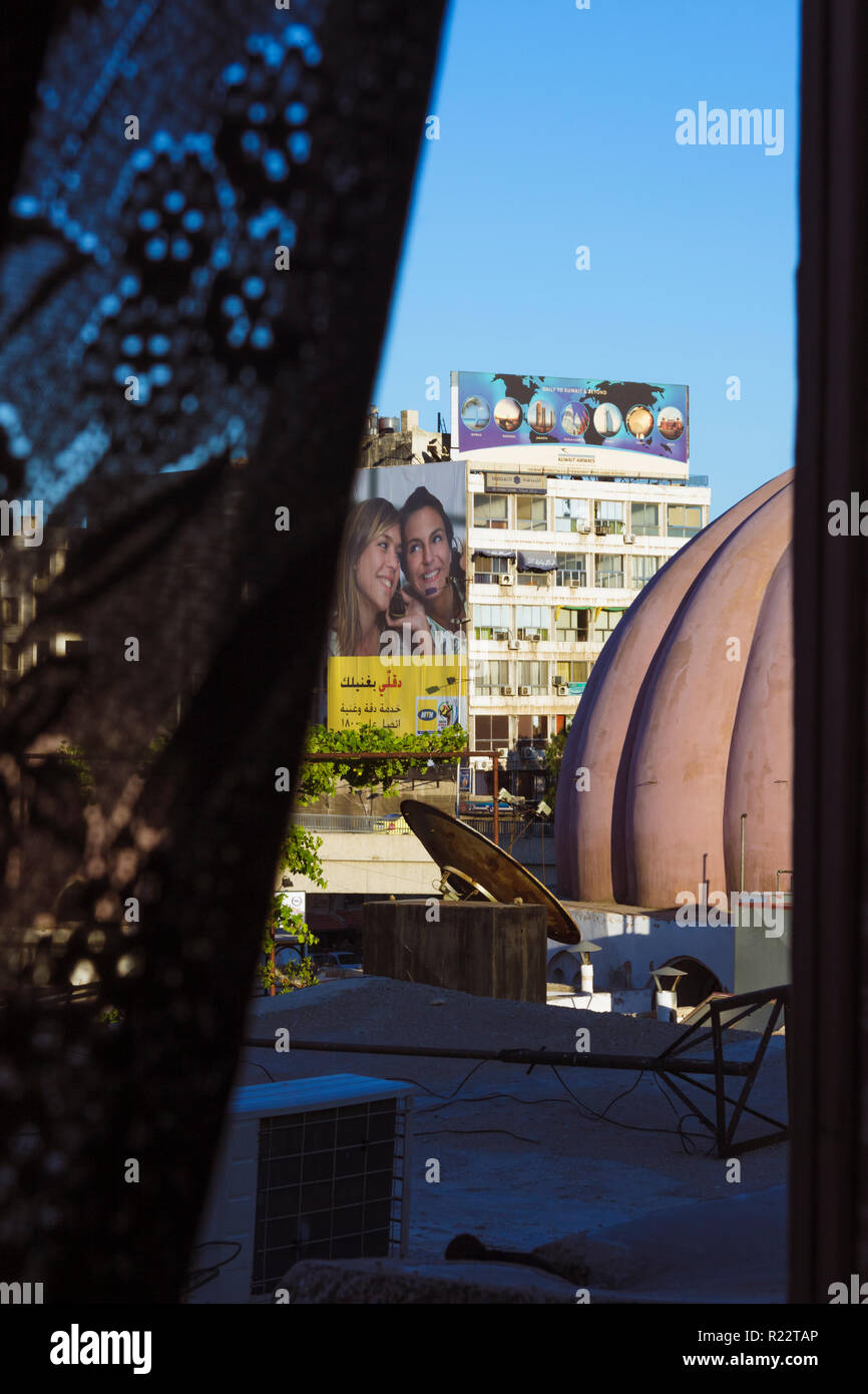 Damascus, Syria : Cityscape out of a window with old dome and modern ...