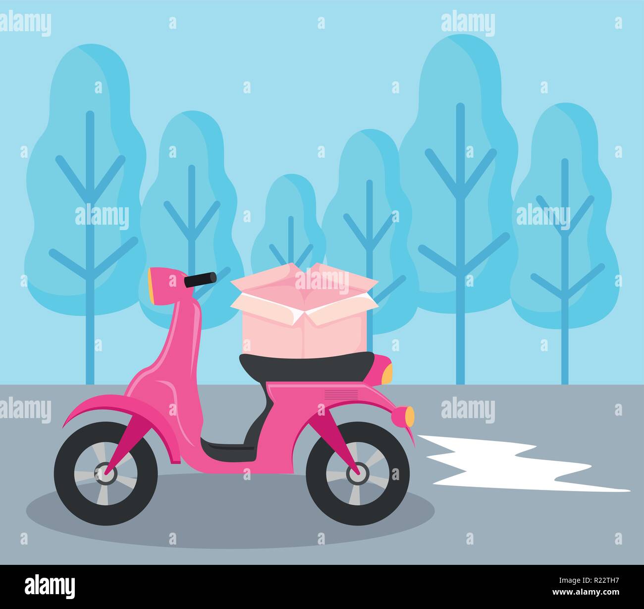 delivery service motorcycle with box in landcape vector illustration ...