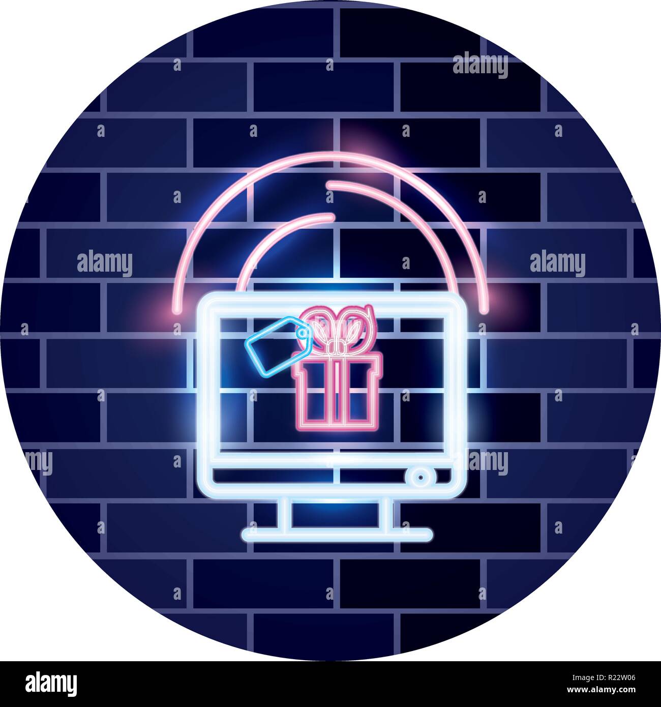 online shopping computer gift tag neon wall vector illustration Stock ...