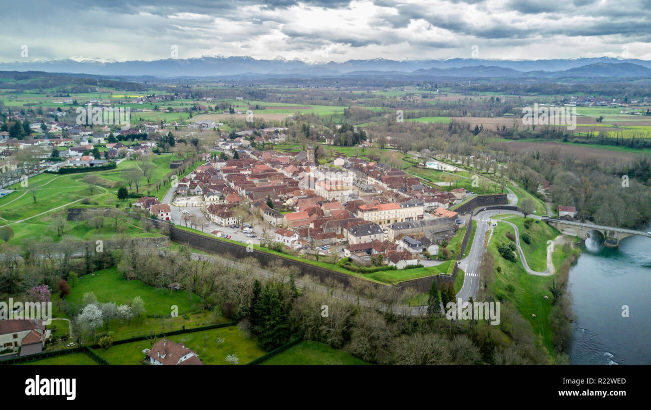 Aerial panorama of Navarrenx fortified French town in the Pyrenees in ...