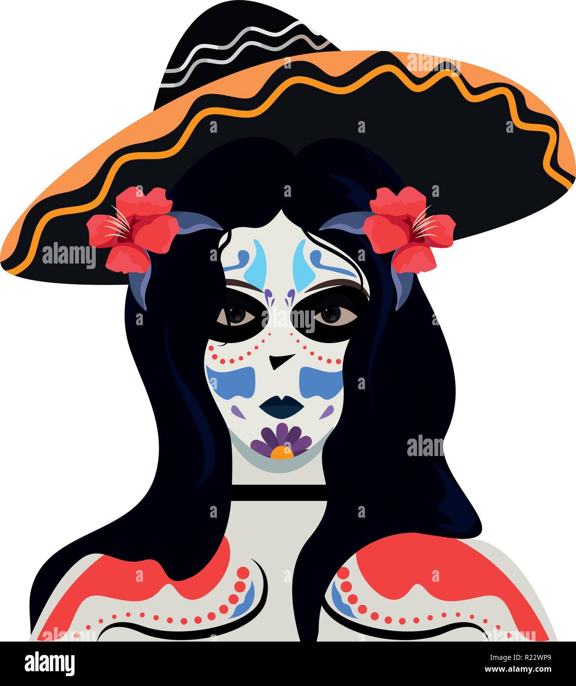 traditional catrina with hat flowers day of the dead vector ...