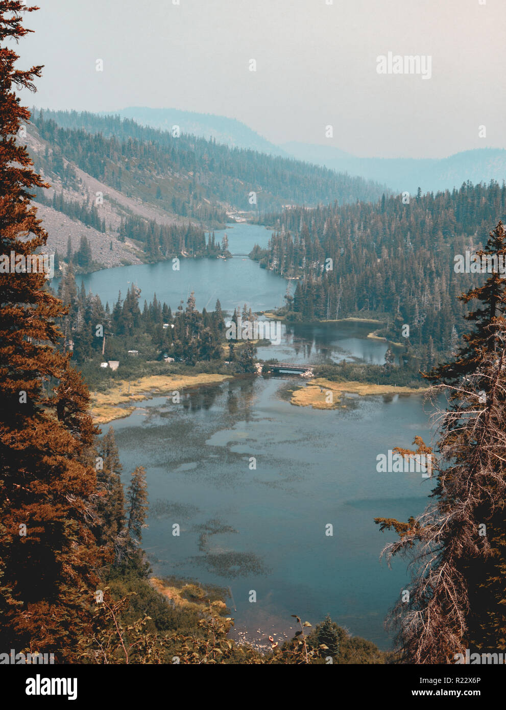 High angle vertical landscape view of Twin Lakes in Mammoth Lakes ...