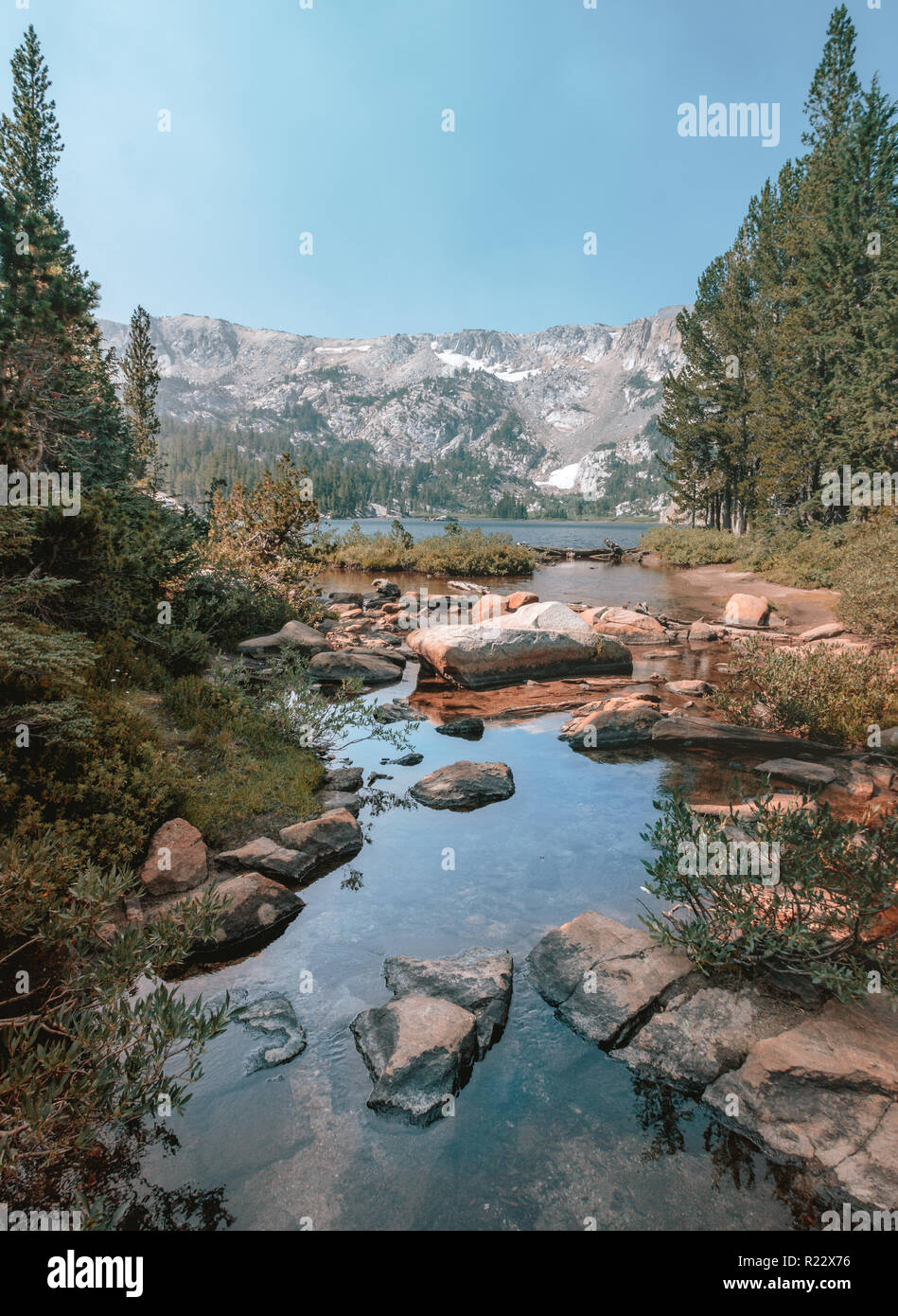 Reflective water or a lake with rocks in the foreground and trees and a ...