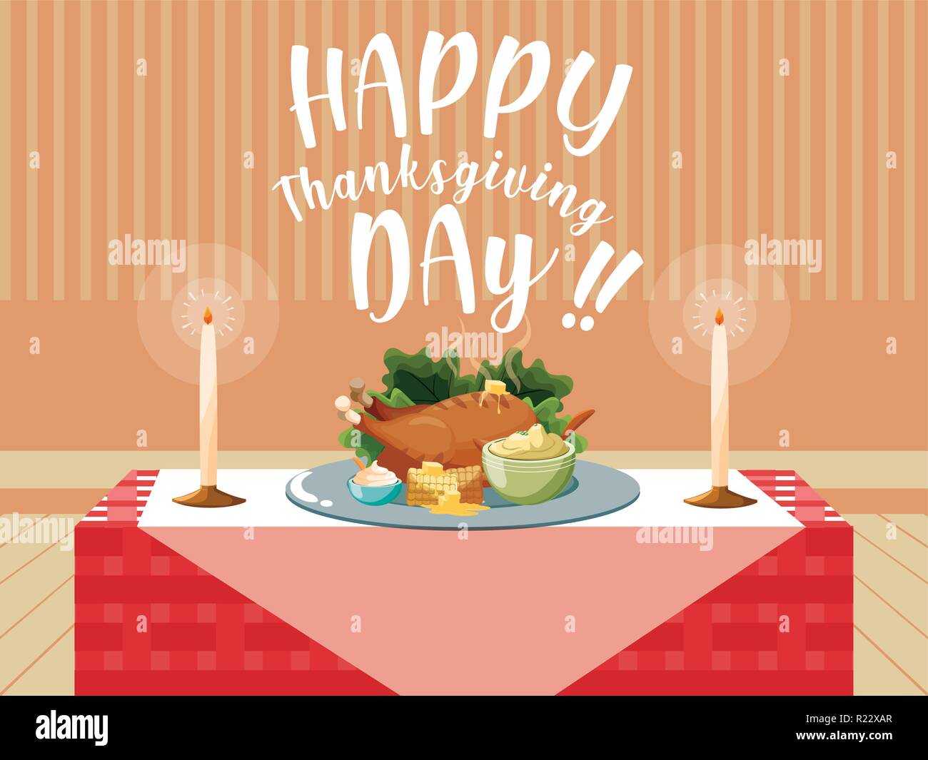 turkey dinner of thanksgiving day in table vector illustration design ...
