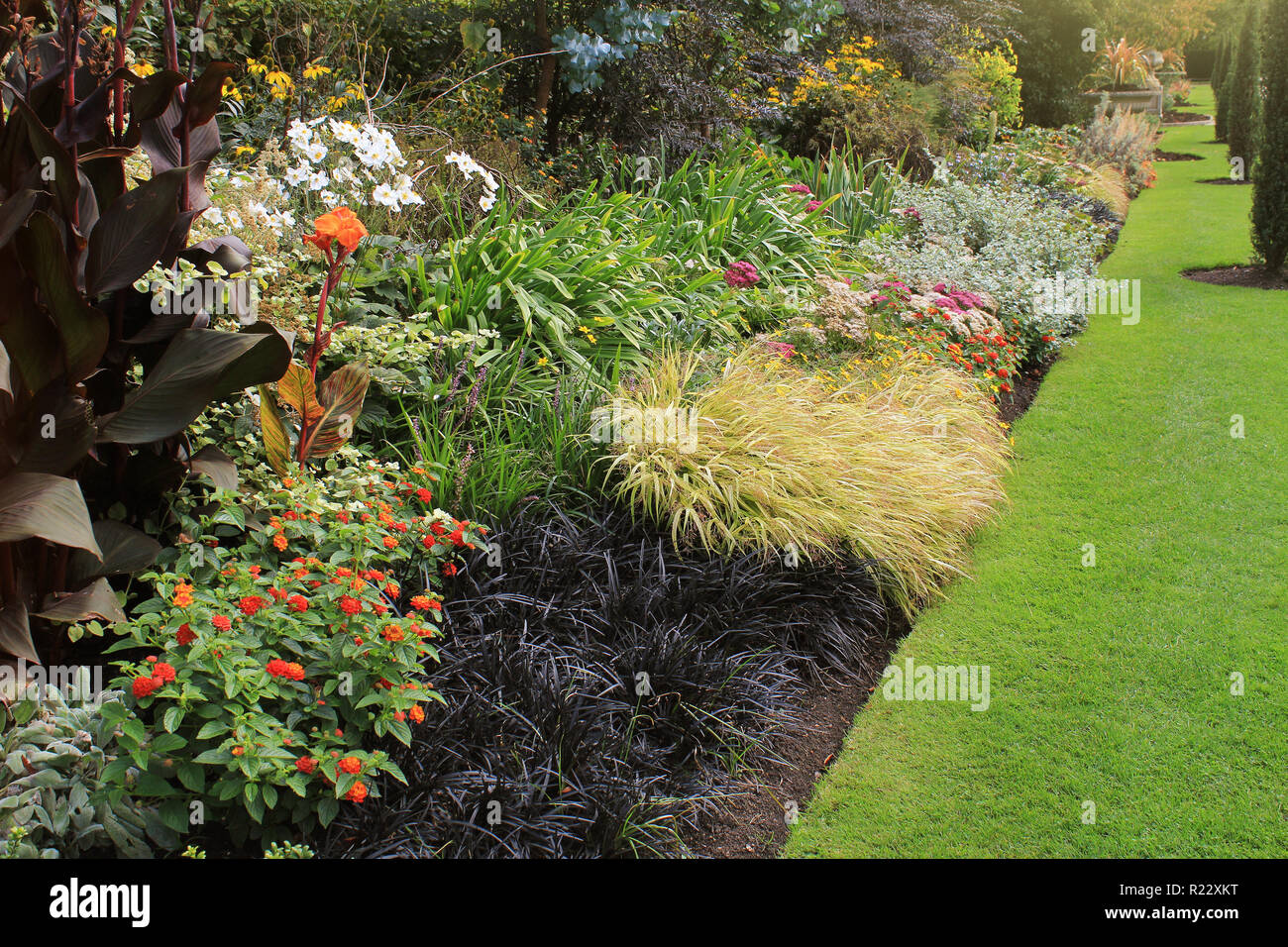 Green lawn in a colorful landscape formal garden. Beautiful floer ...