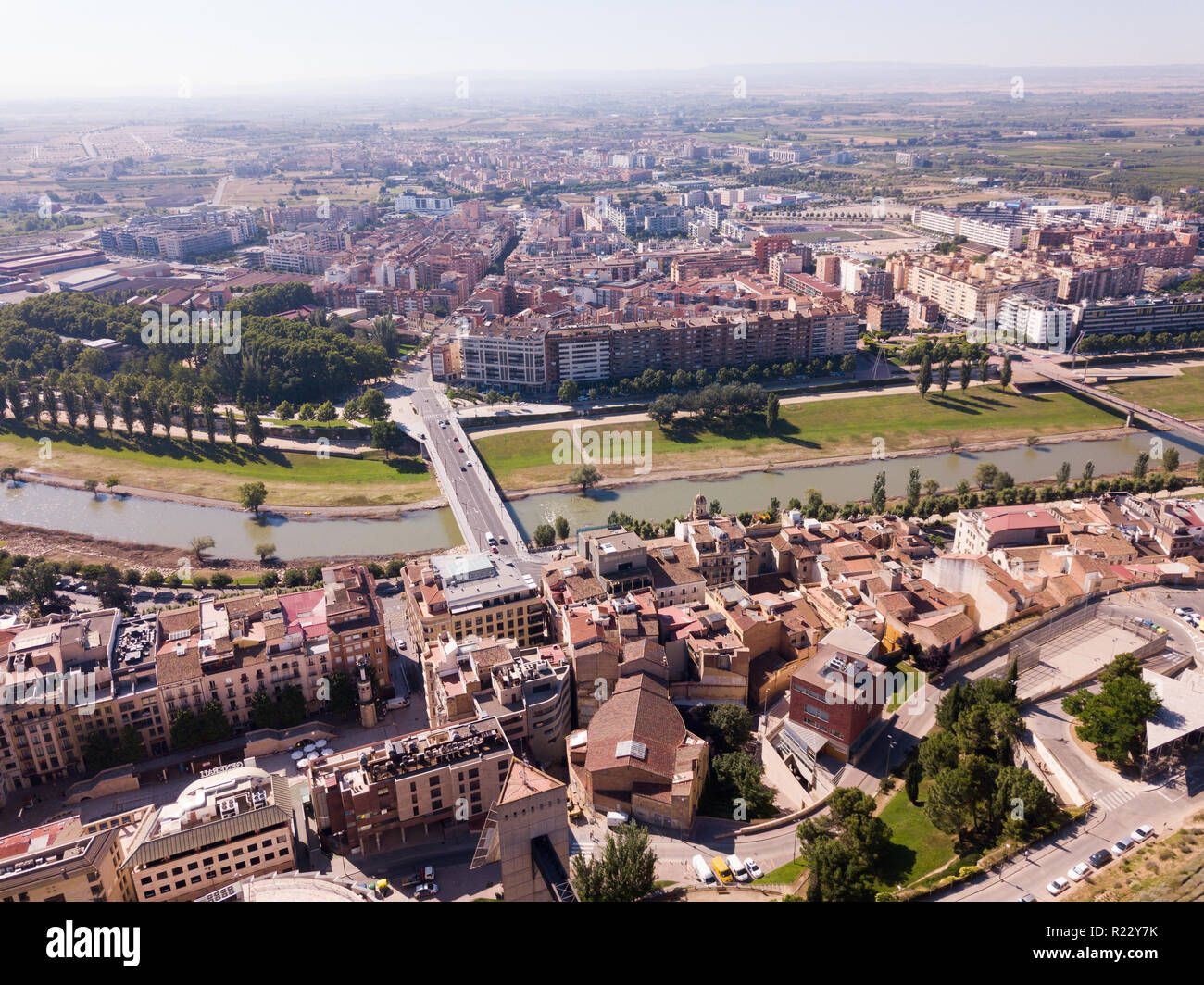 Aerial view of Lleida city with a apartment buildings and river, Spain ...