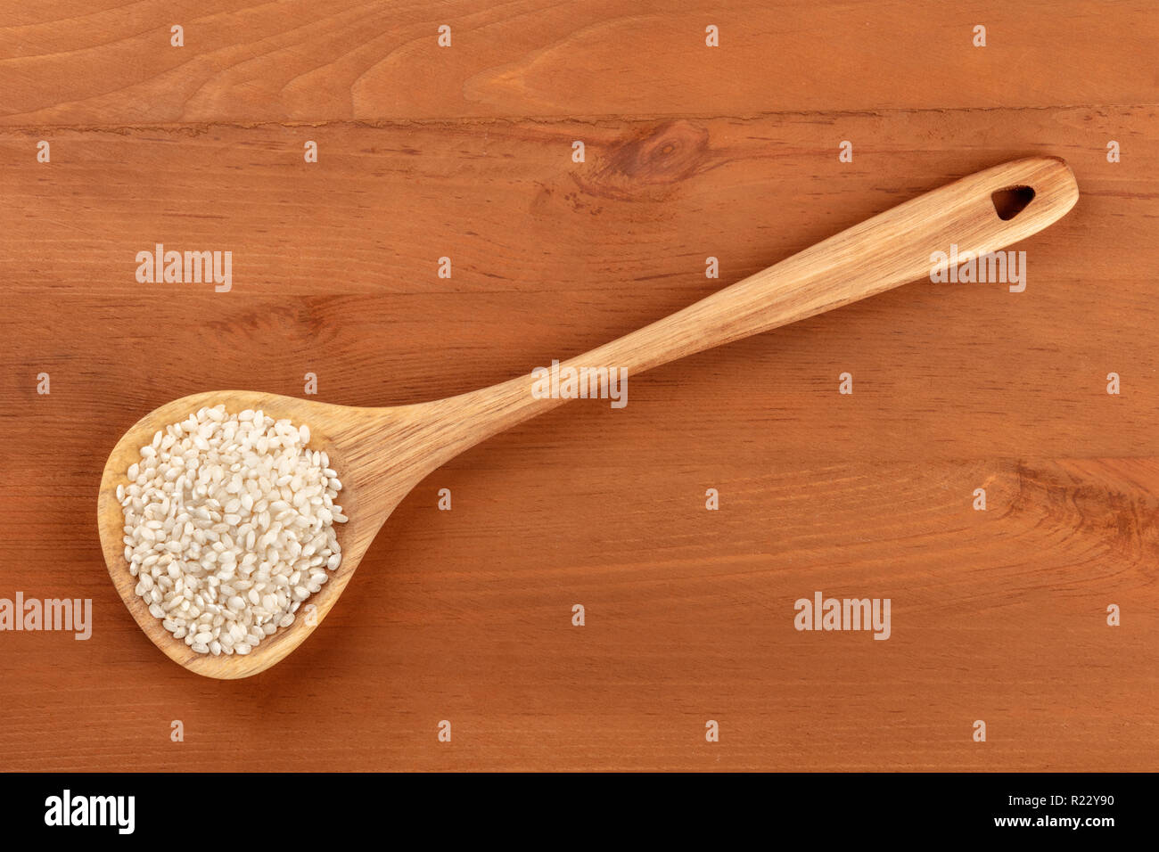 An overhead photo of Spanish calasparra rice used for paella in a ...
