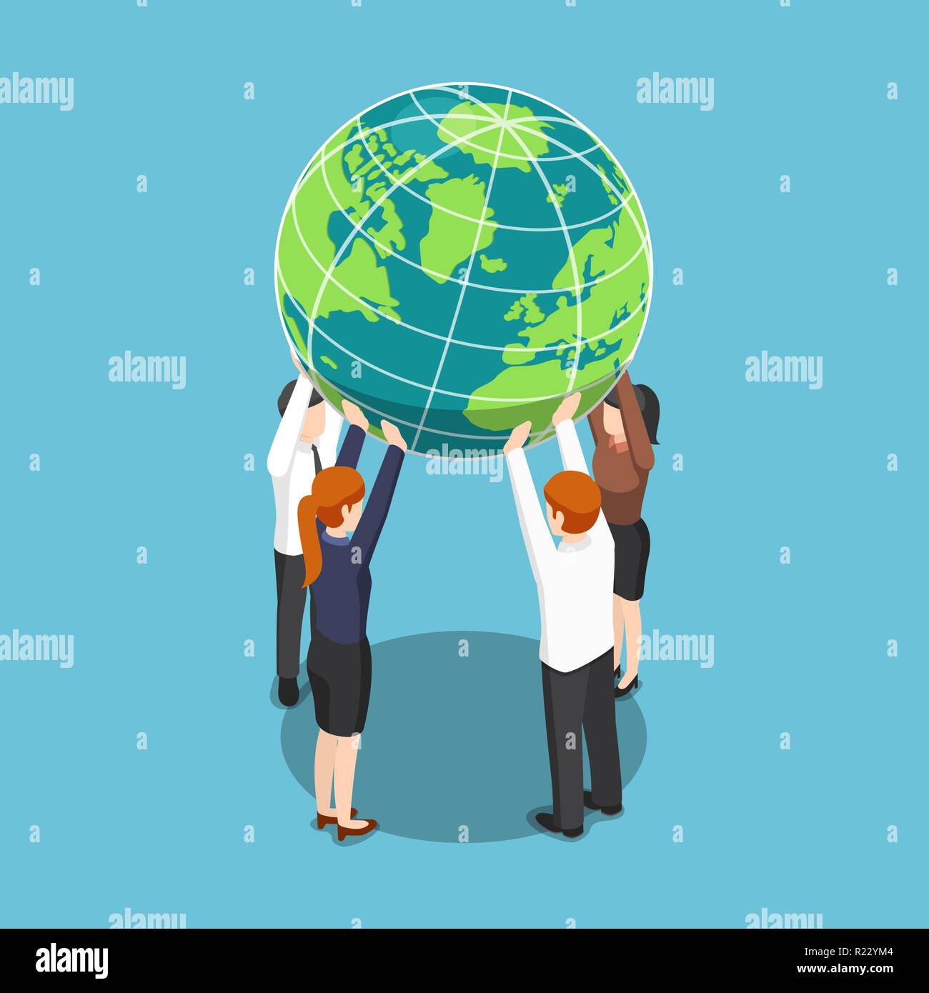 Flat 3d isometric business team holding world over their head. Teamwork ...