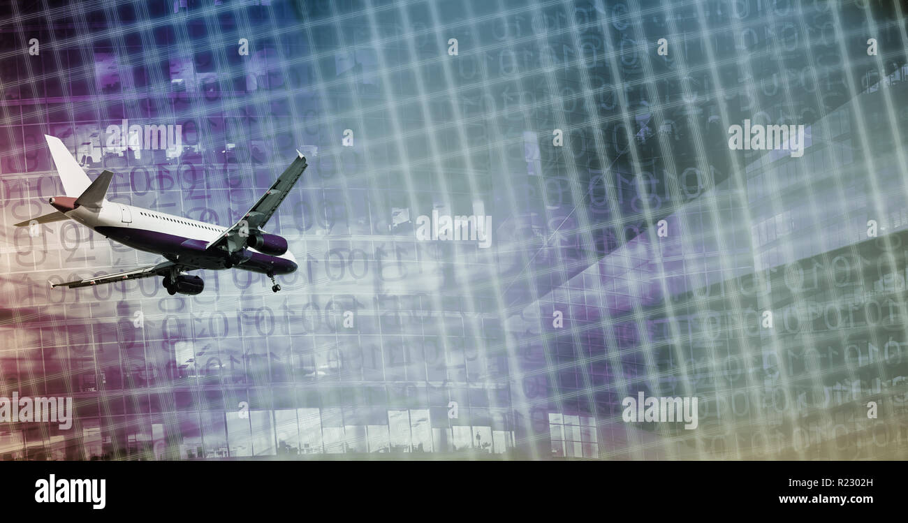 White plane flying on background of blurred skyscrapers and binary key ...