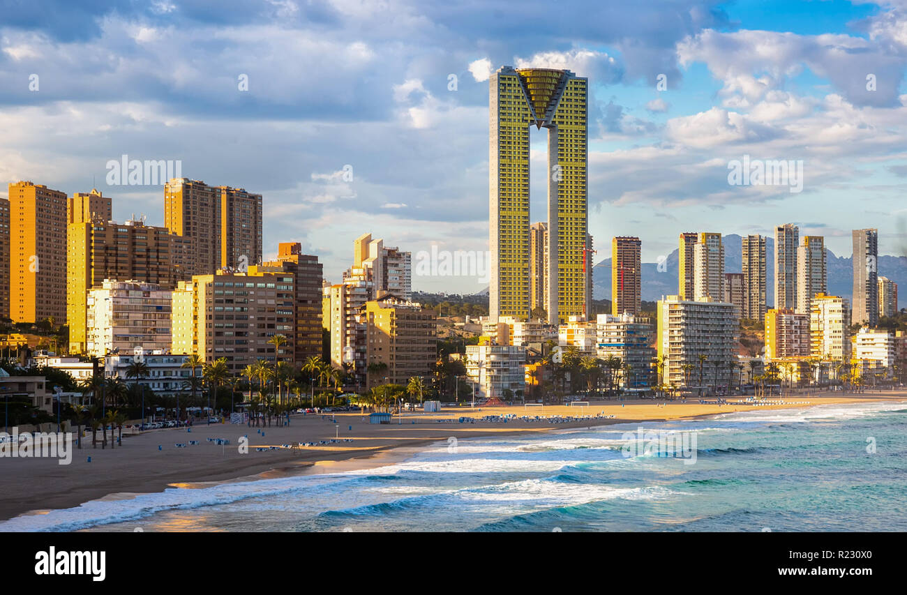 sunny panoramic view on Benidorm city with seafront and modern ...