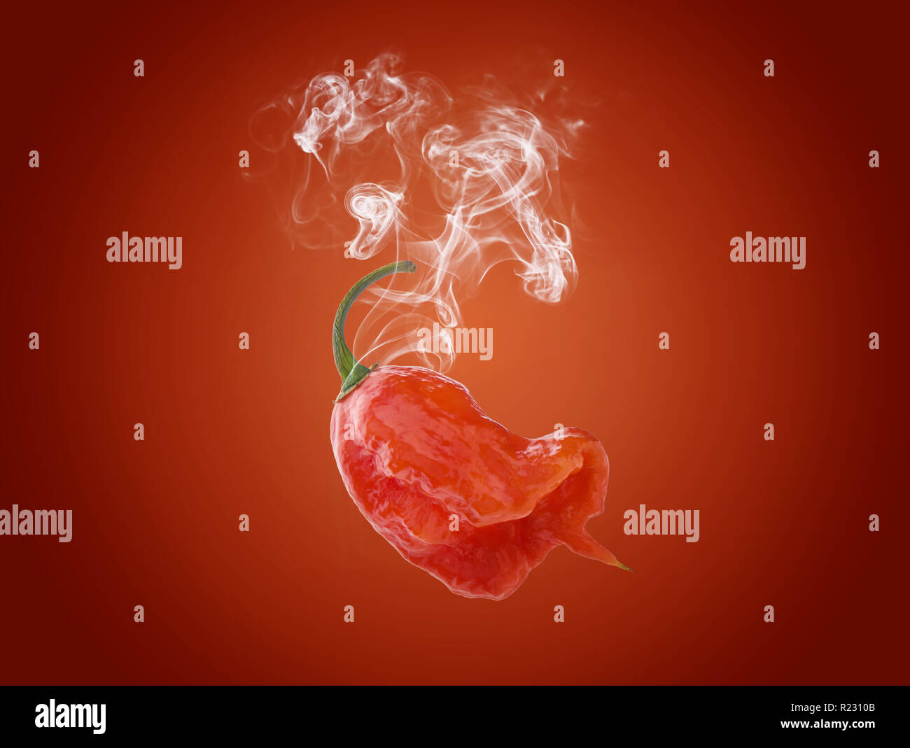 Carolina reaper pepper on red background with white smoke Stock Photo ...