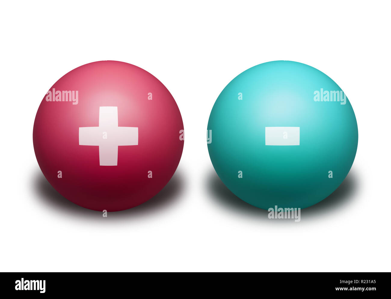 Two balls representing the opposite electric charges isolated on white ...