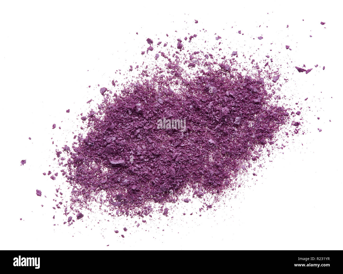 Texture of broken violet eye shadow isolated on white background. Macro ...