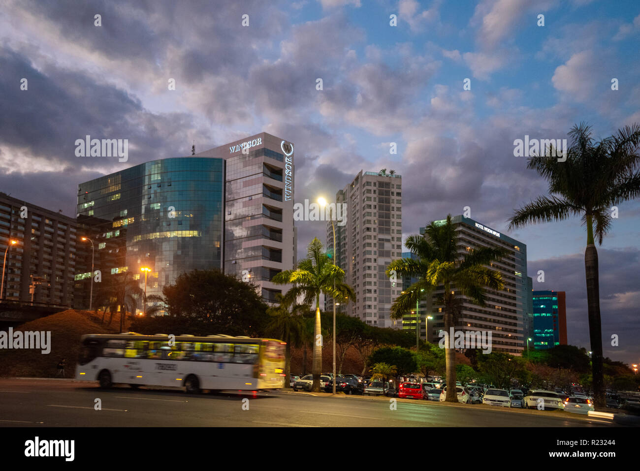 A street scene with modern buildings in the background in Brasilia ...