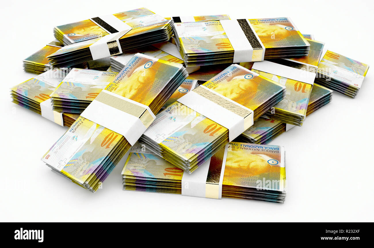 A pile of randomly scattered bundles of swiss franc banknotes on an ...