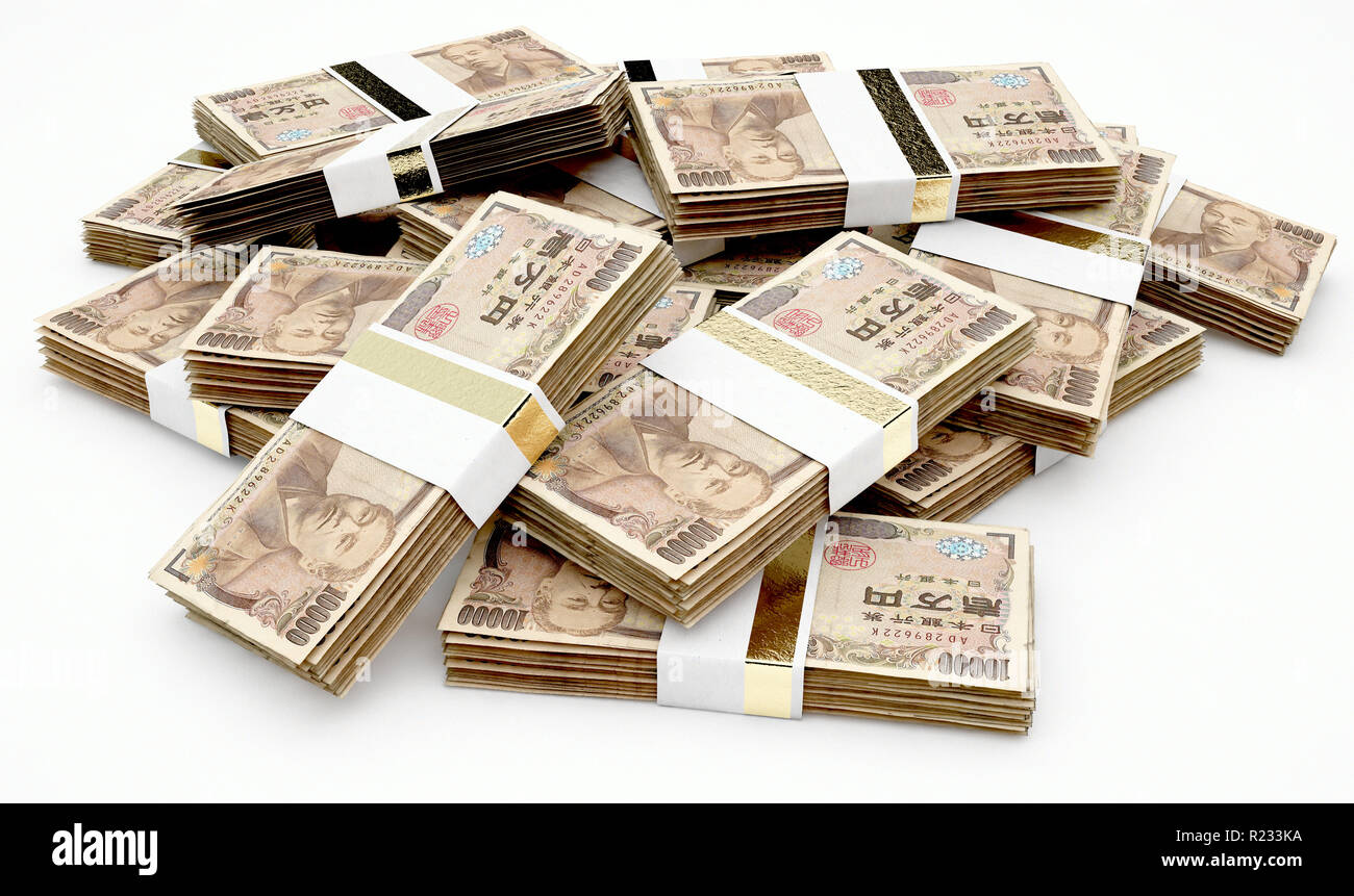 A pile of randomly scattered bundles of japanese yen banknotes on an ...