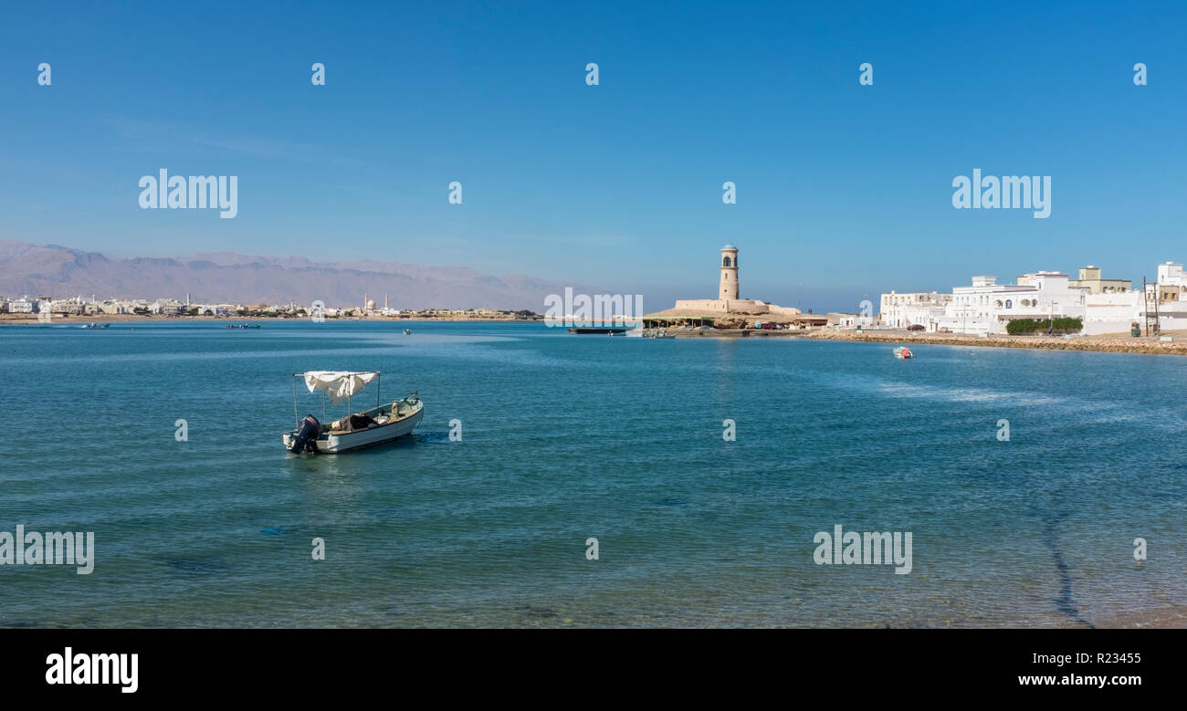 The lighthouse and bay at the Al Ayjah district of Sur in the Sultanate ...