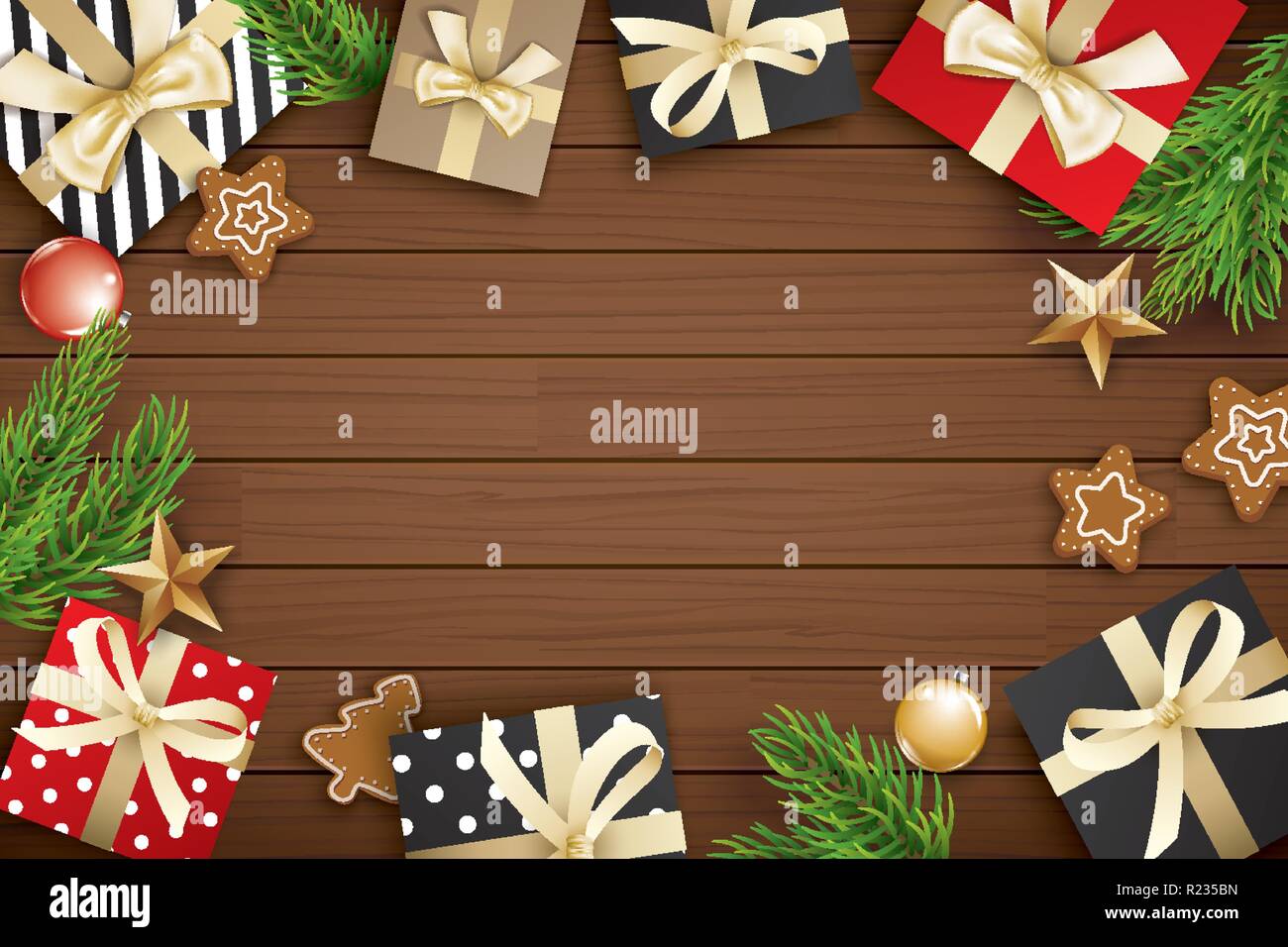 Christmas frame with copy space for text on brown wooden background ...