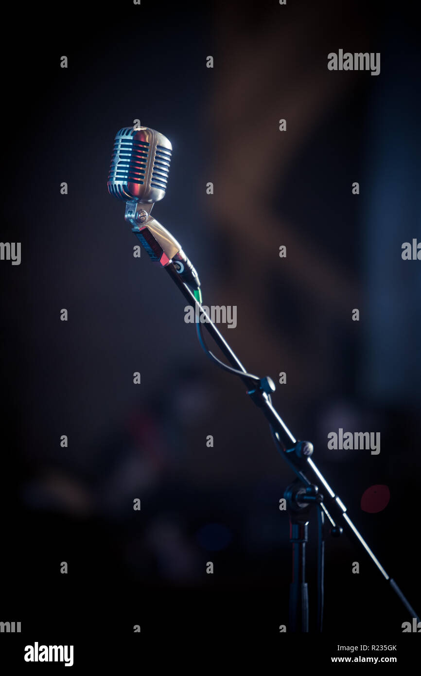 Color detail of a vintage microphone on a stand Stock Photo - Alamy