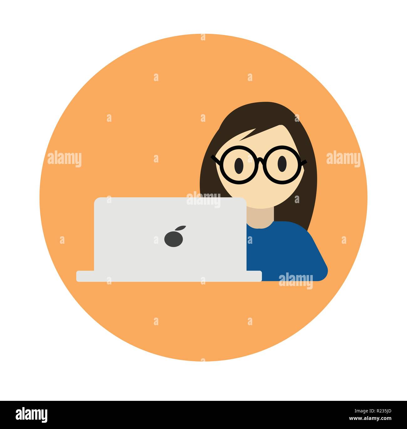Woman working behind computer flat on white background icon Stock ...