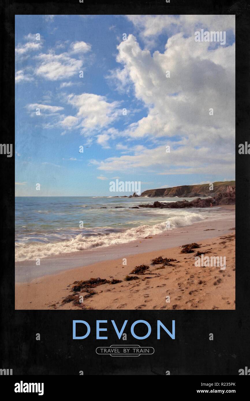 Vintage railway style poster with aged marks and painterly finish Stock ...