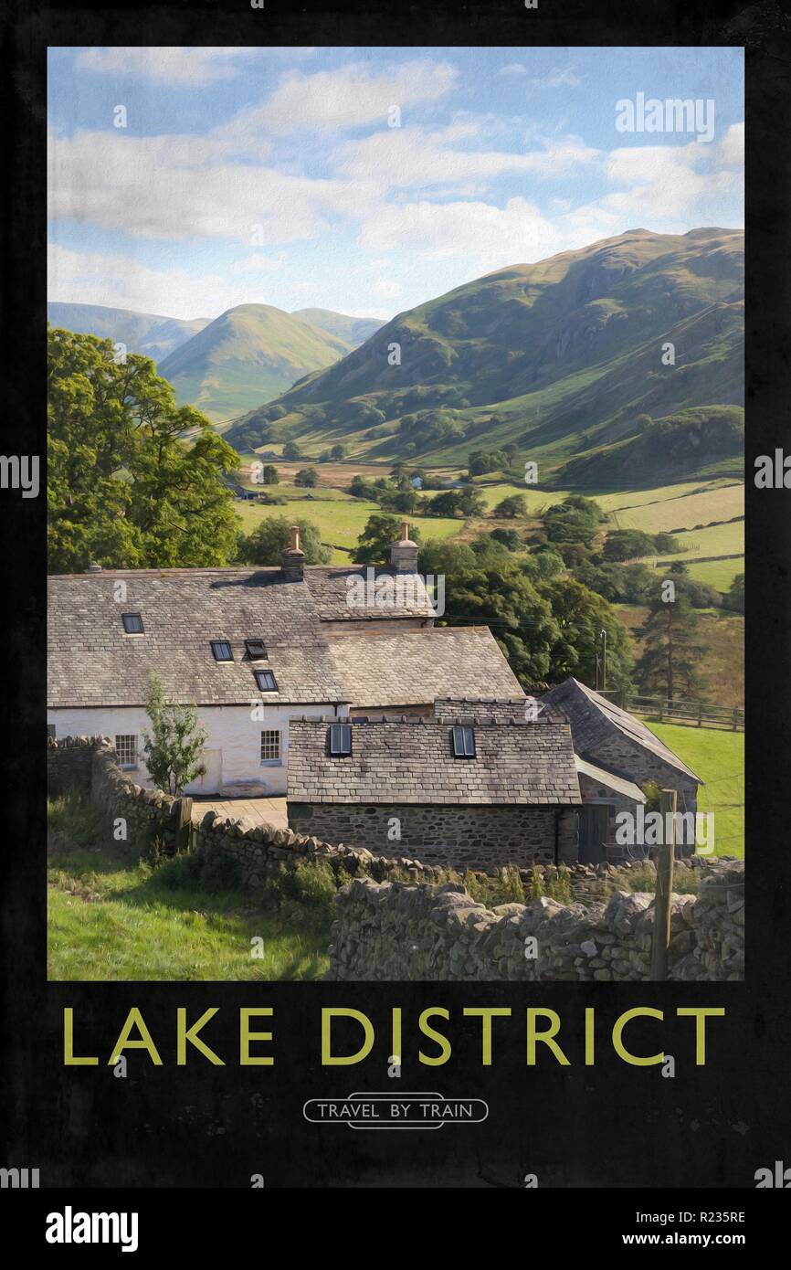 Vintage railway style poster with aged marks and painterly finish Stock ...