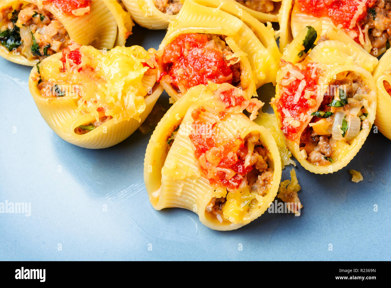 Mediterranean stuffed pasta shells with meat.Food concept.Closeup Stock ...