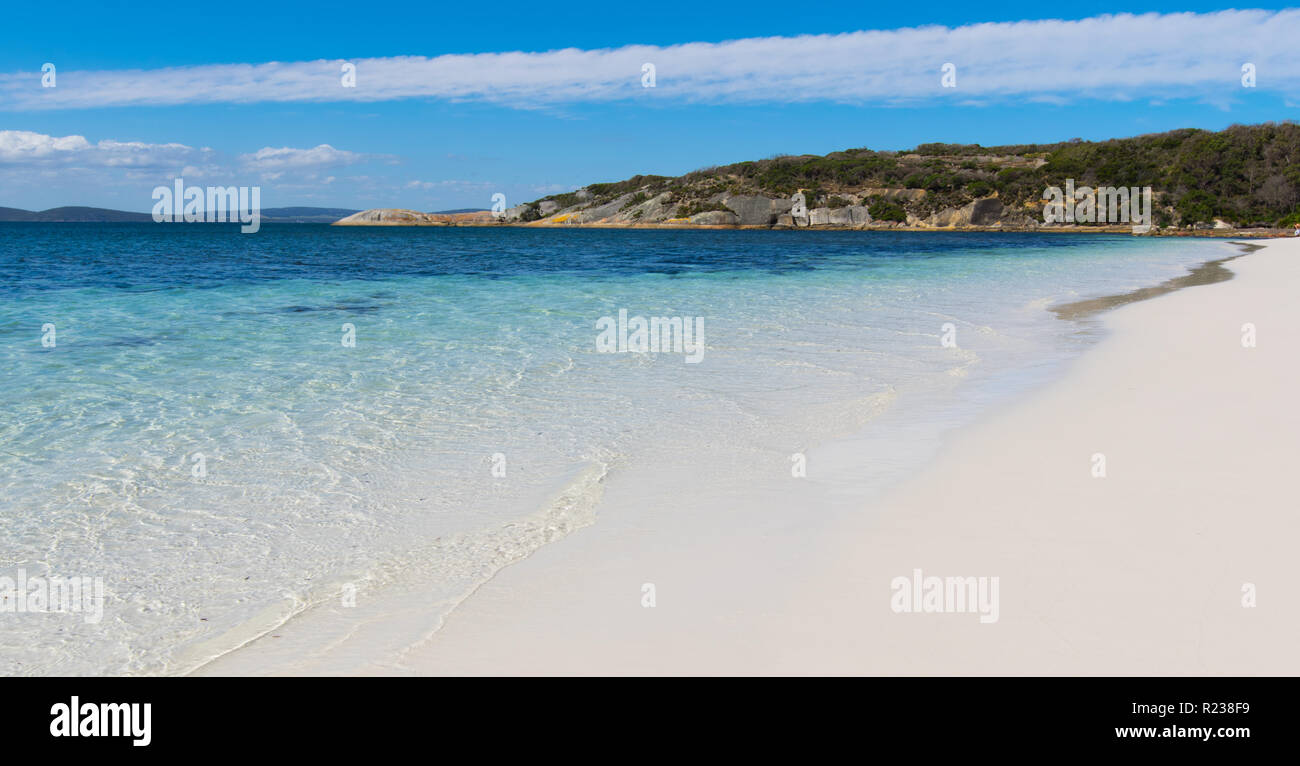 Salmon Beach, with clear water and white sand, Torndirrup National Park ...