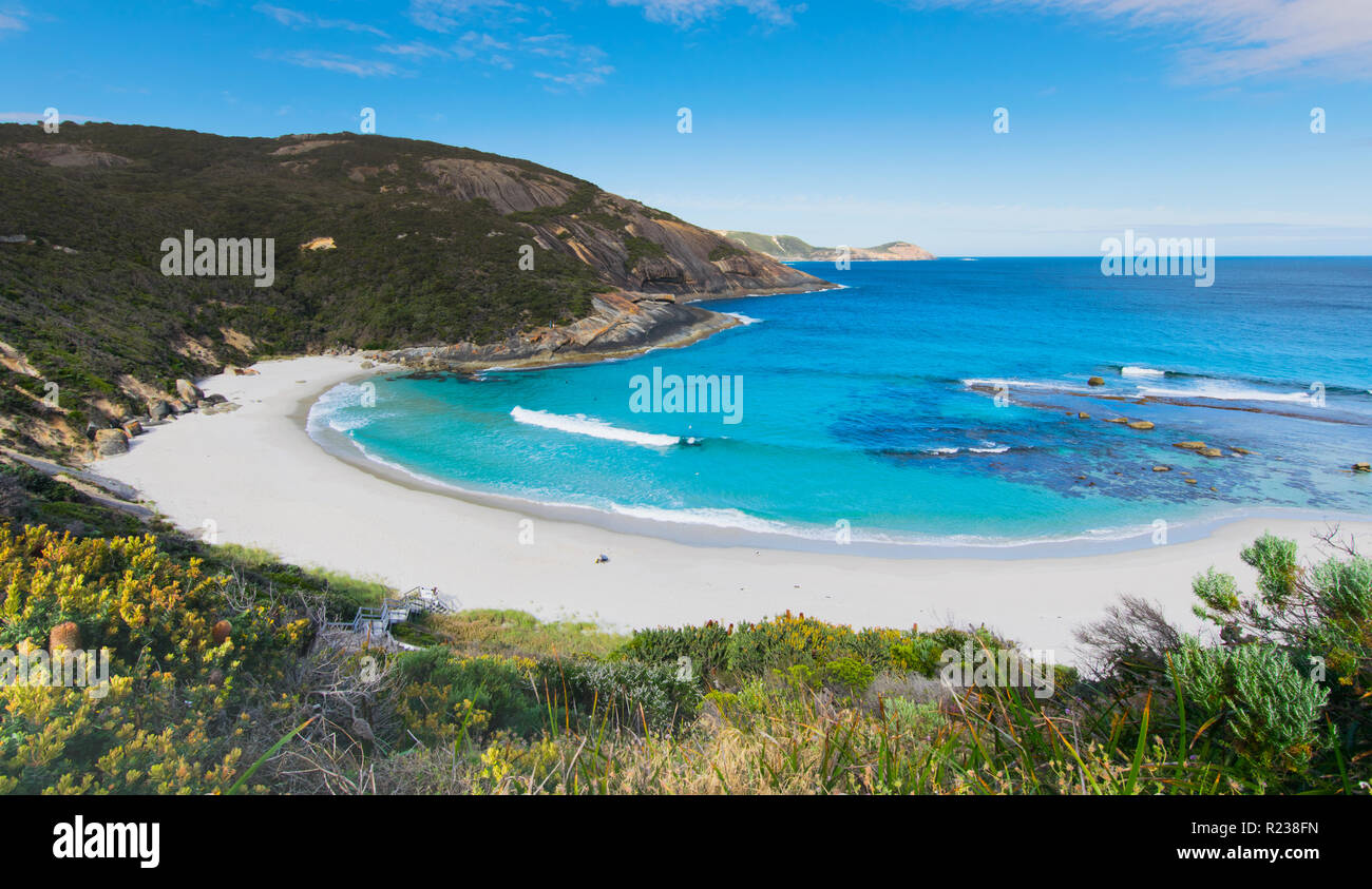 Salmon Beach, with clear water and white sand, Torndirrup National Park ...