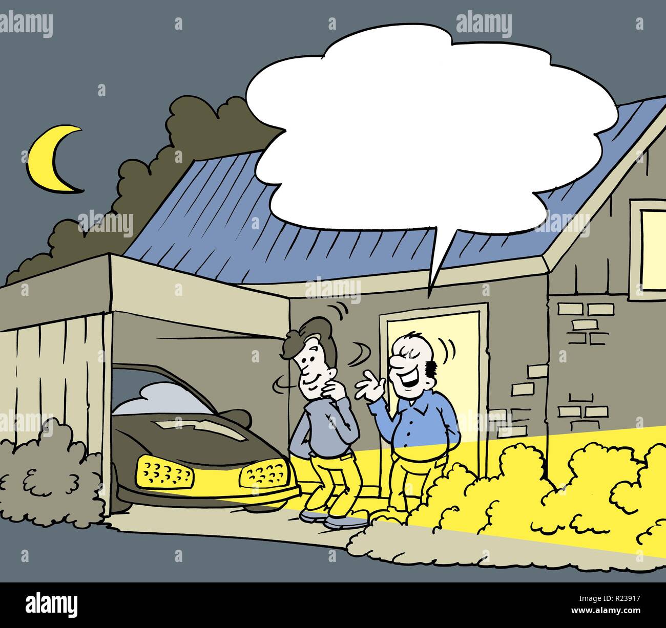 Cartoon illustration of a man showing his new neighbor led bulbs on the ...