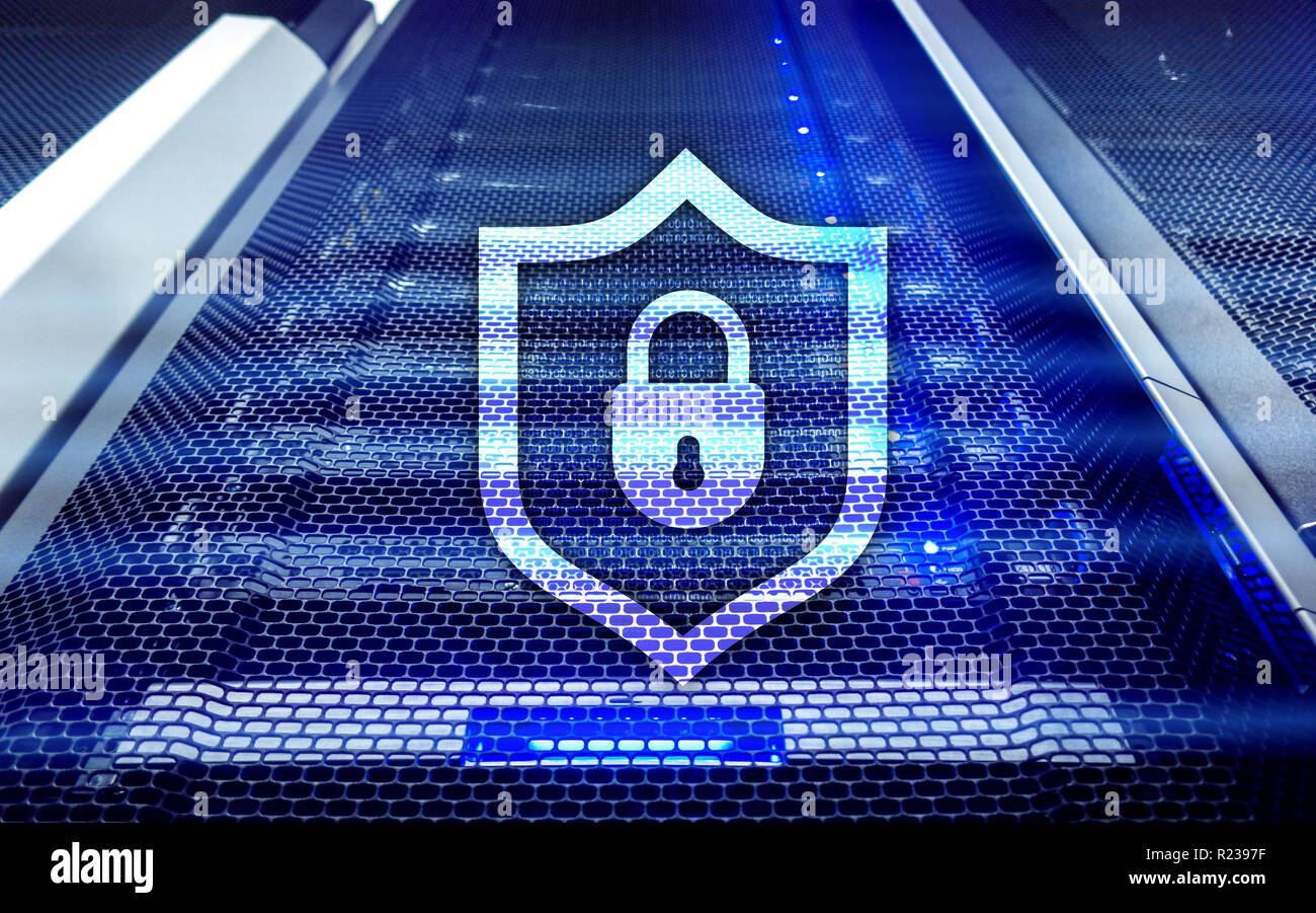 Cyber protection shield icon on server room background. Information ...