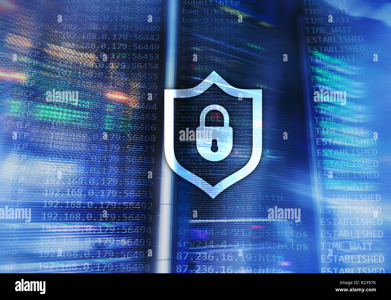Cyber protection shield icon on server room background. Information ...