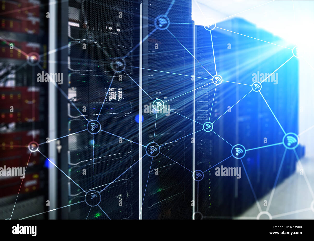Wi fi network abstract structure on modern server room background Stock ...