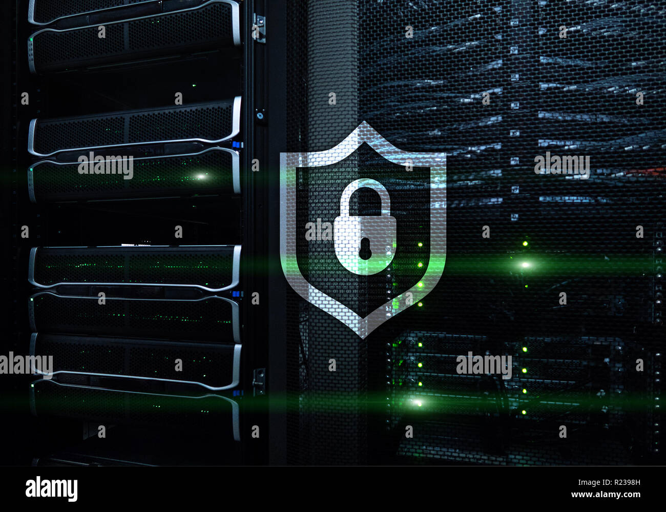 Cyber protection shield icon on server room background. Information ...