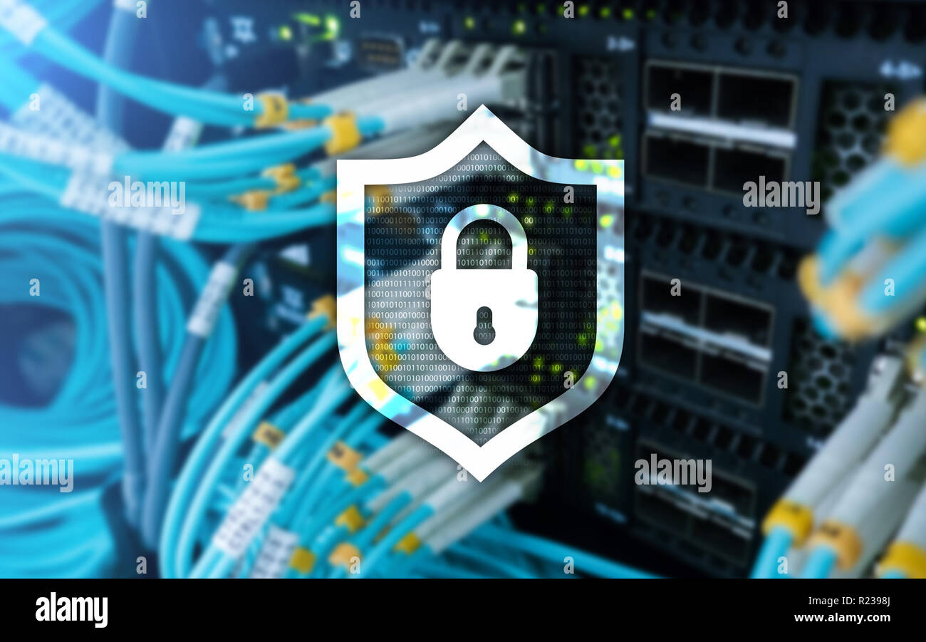 Cyber protection shield icon on server room background. Information ...
