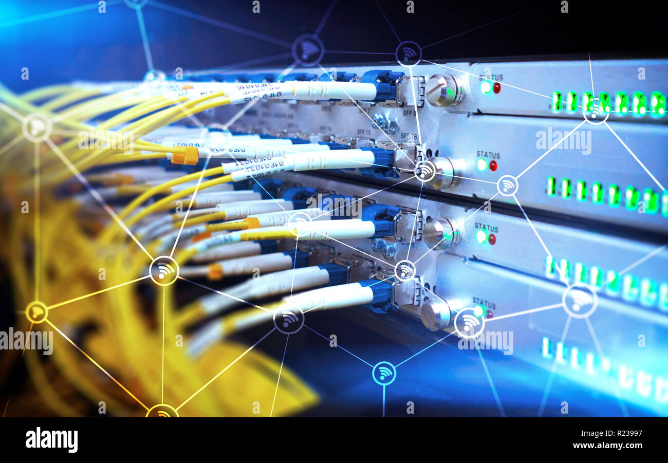 Wi fi network abstract structure on modern server room background Stock ...