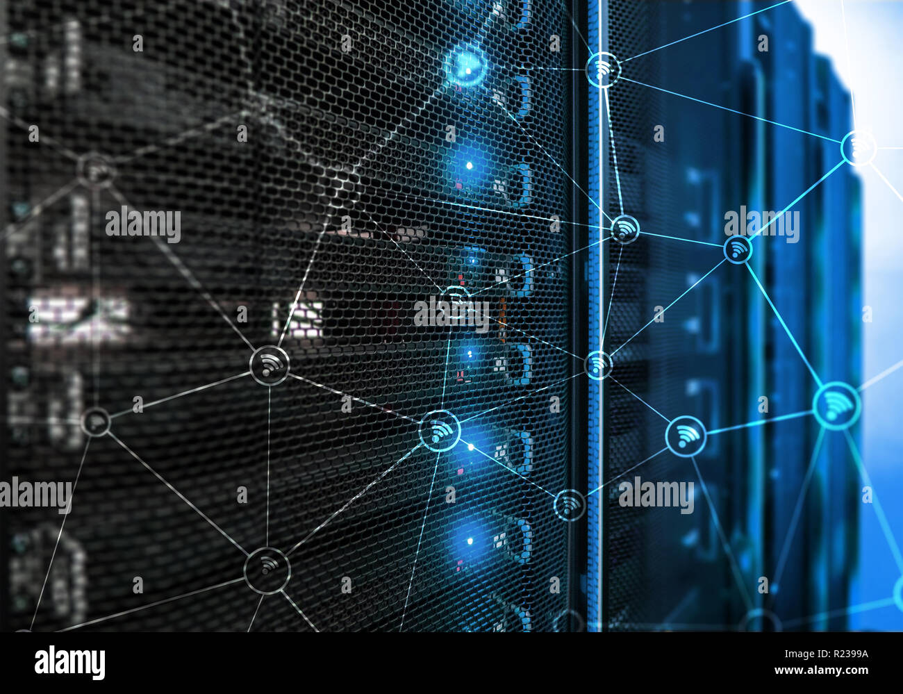 Wi fi network abstract structure on modern server room background Stock ...