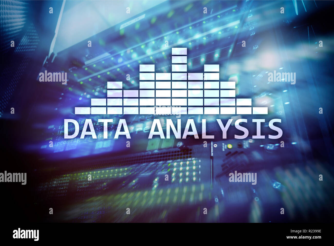 Big Data analysis text on server room background. Internet and modern ...