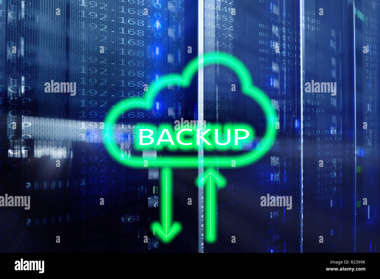 Backup button on modern server room background. Data loss prevention ...