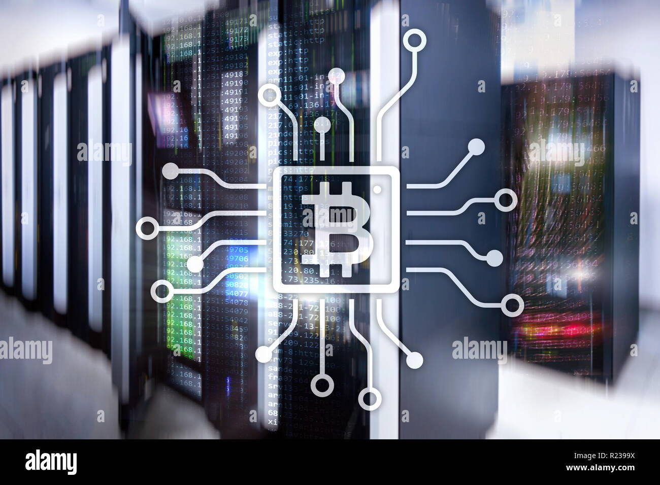 Bitcoin, Blockchain concept on server room background Stock Photo - Alamy