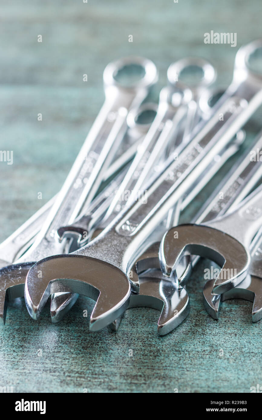 Chrome vanadium wrench. Industrial spanner on old table Stock Photo - Alamy