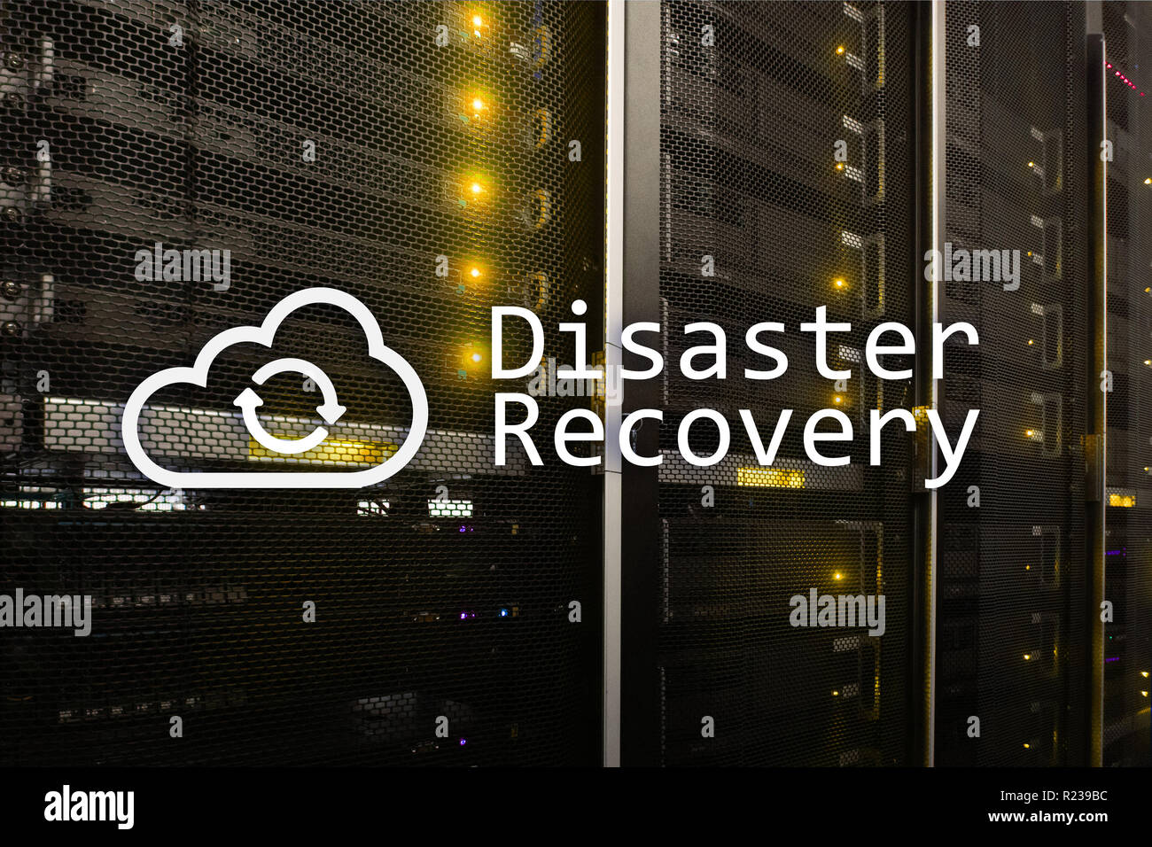 DIsaster recovery. Data loss prevention. Server room on background ...