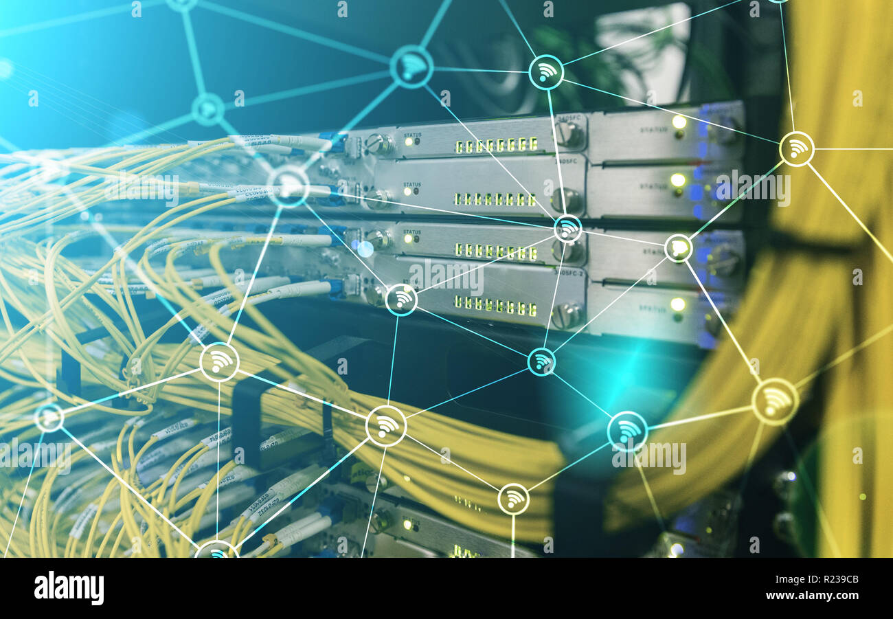 Wi fi network abstract structure on modern server room background Stock ...