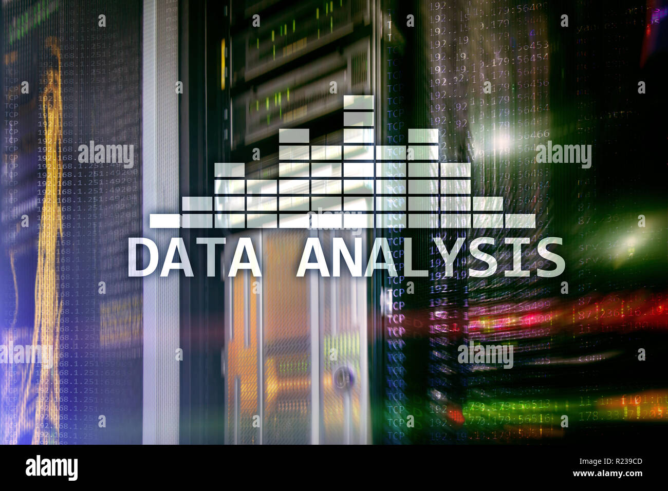 Big Data analysis text on server room background. Internet and modern ...