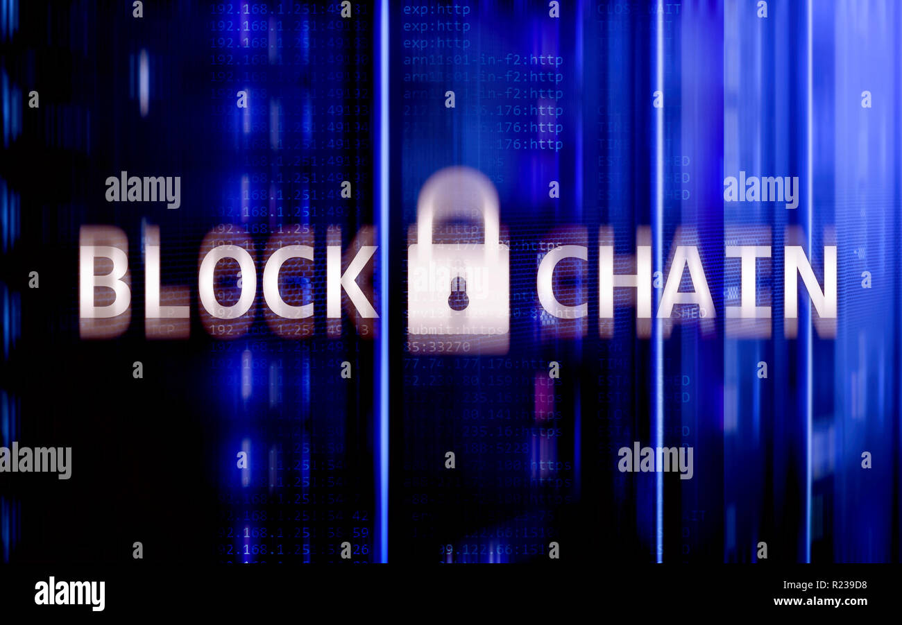 Blockchain technology Concept on server background. Data encryption ...