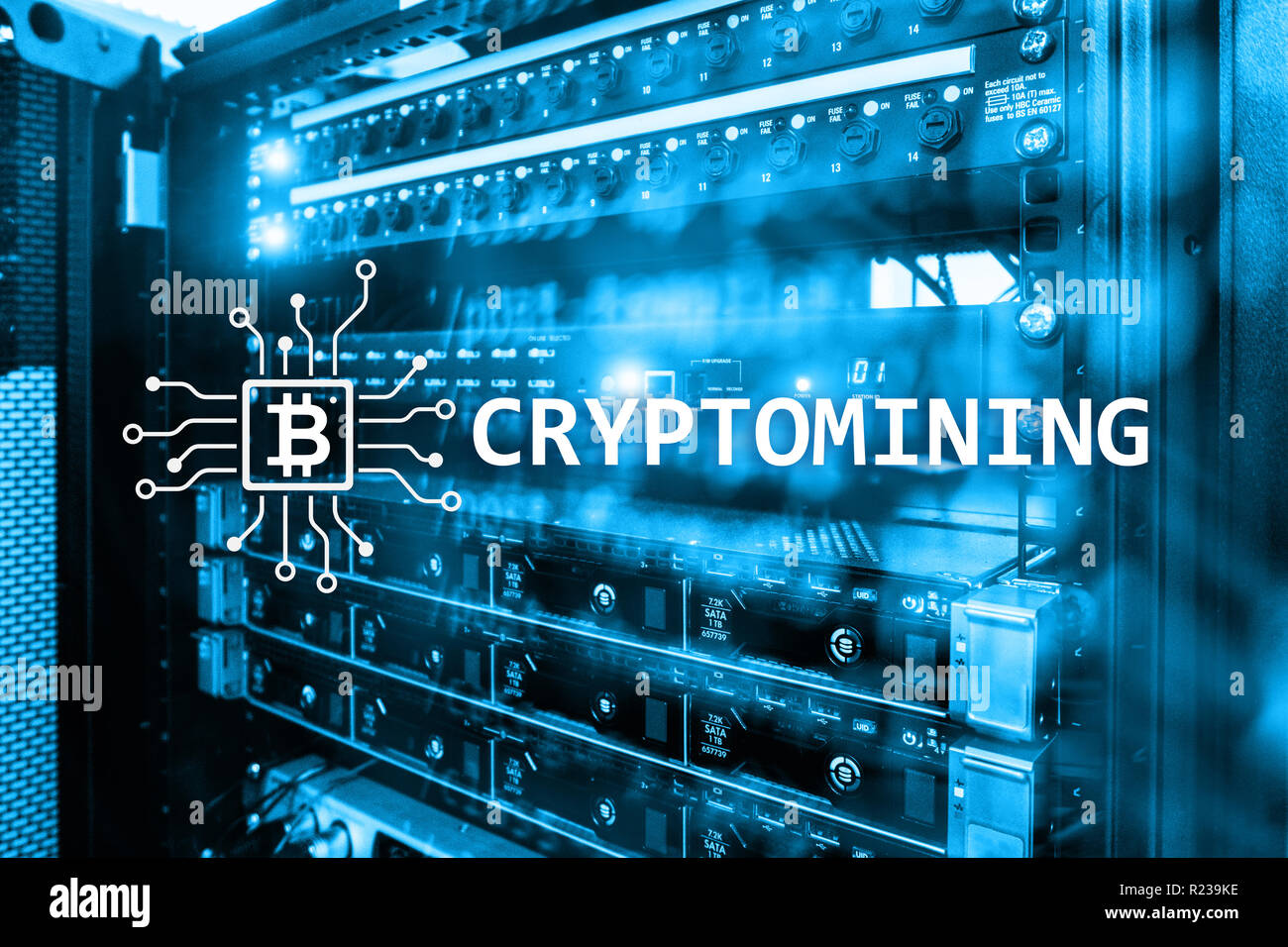 Cryptocurrency mining concept on server room background Stock Photo - Alamy