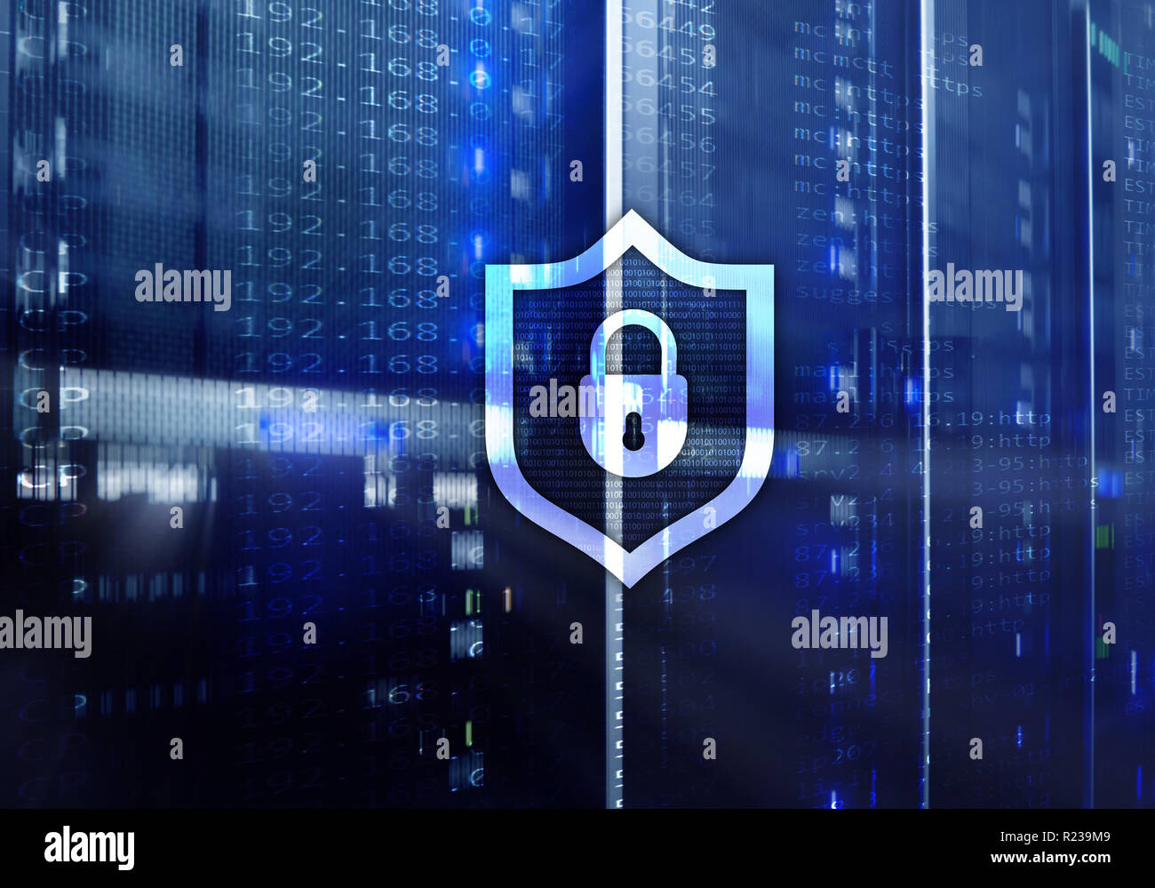 Cyber protection shield icon on server room background. Information ...