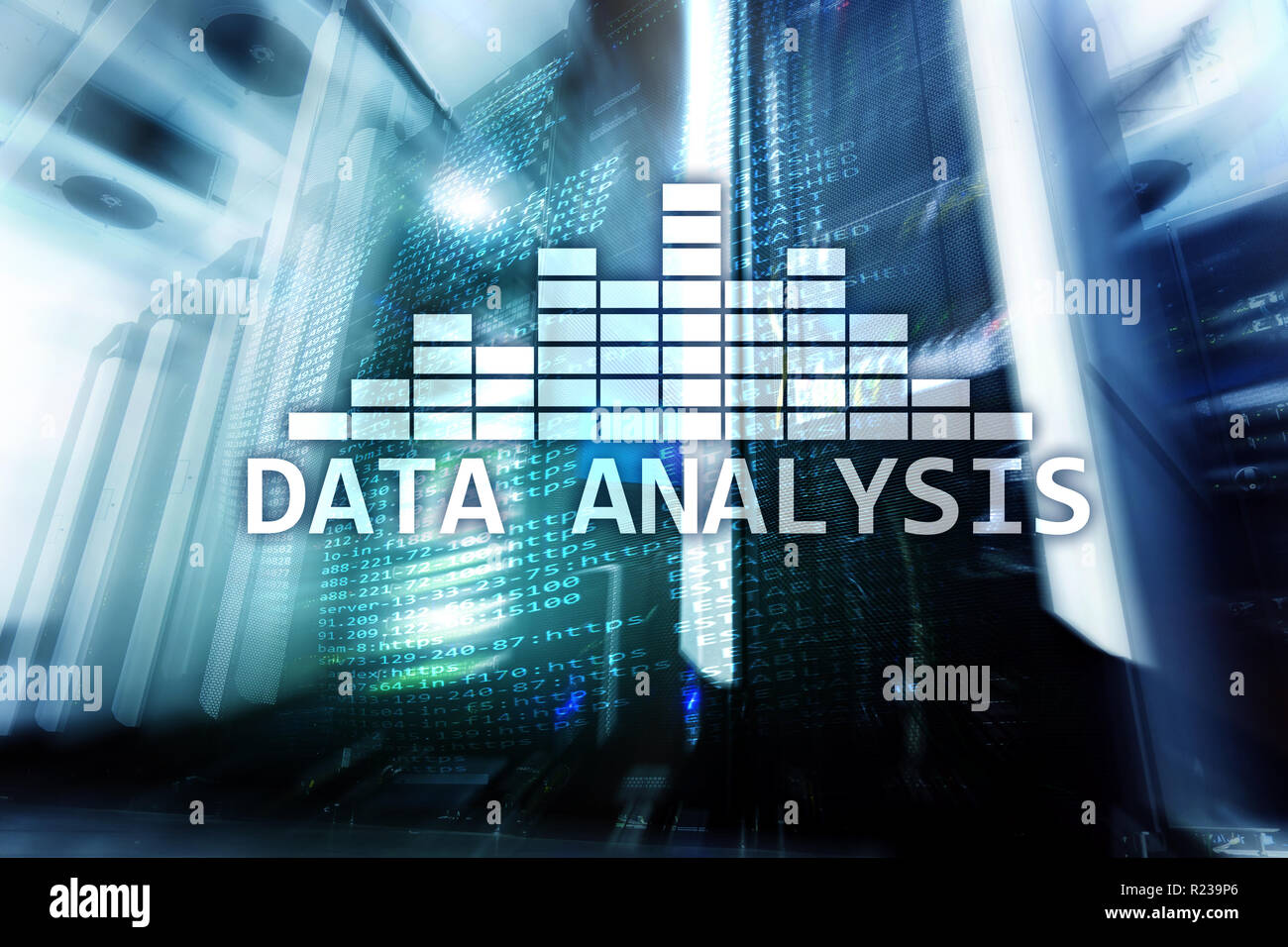 Big Data analysis text on server room background. Internet and modern ...