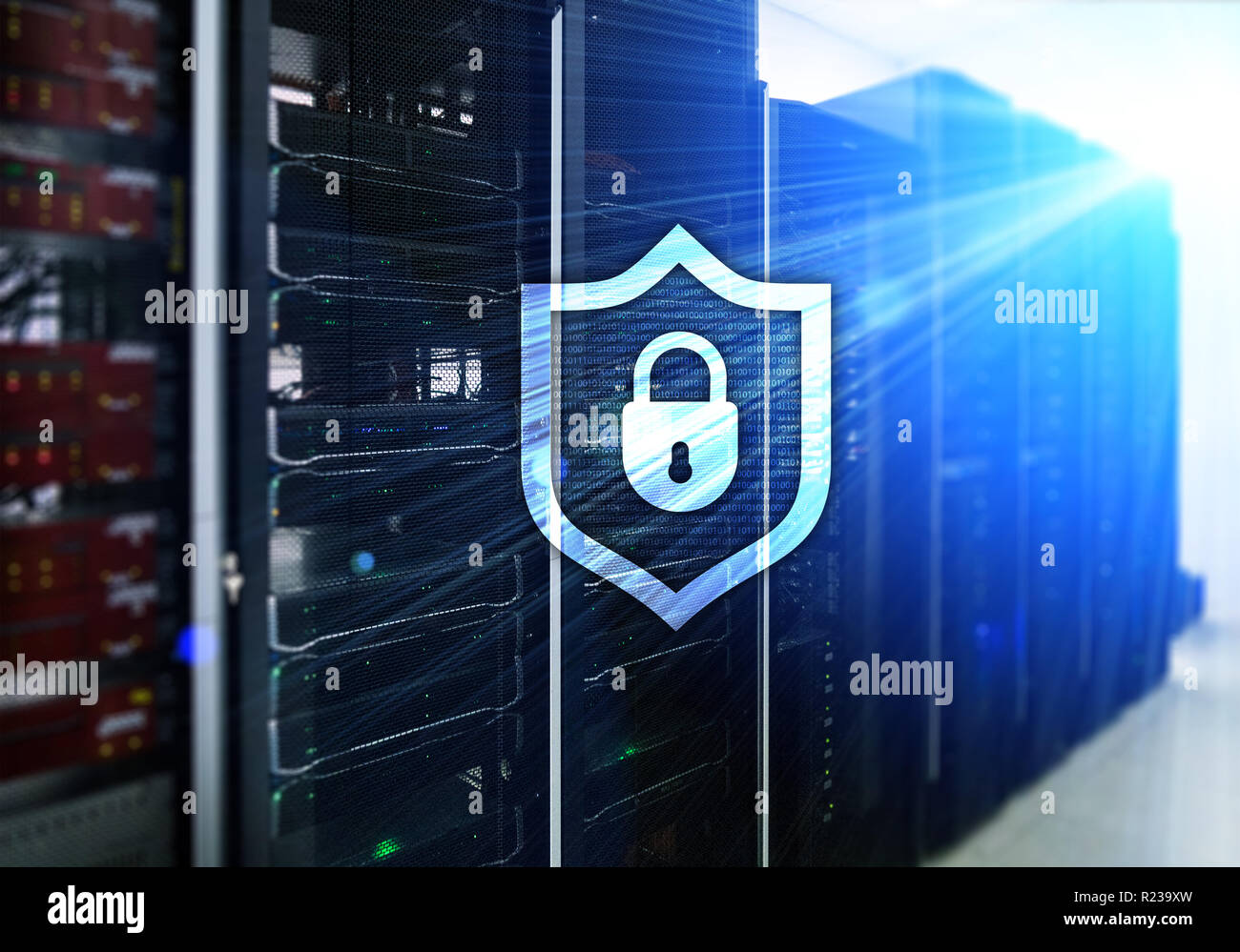 Cyber protection shield icon on server room background. Information ...
