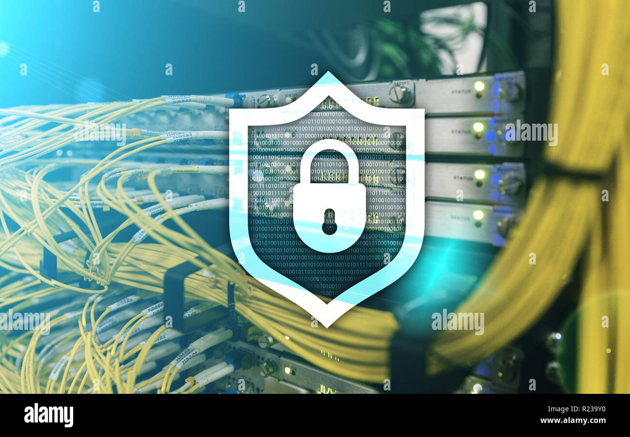 Cyber protection shield icon on server room background. Information ...